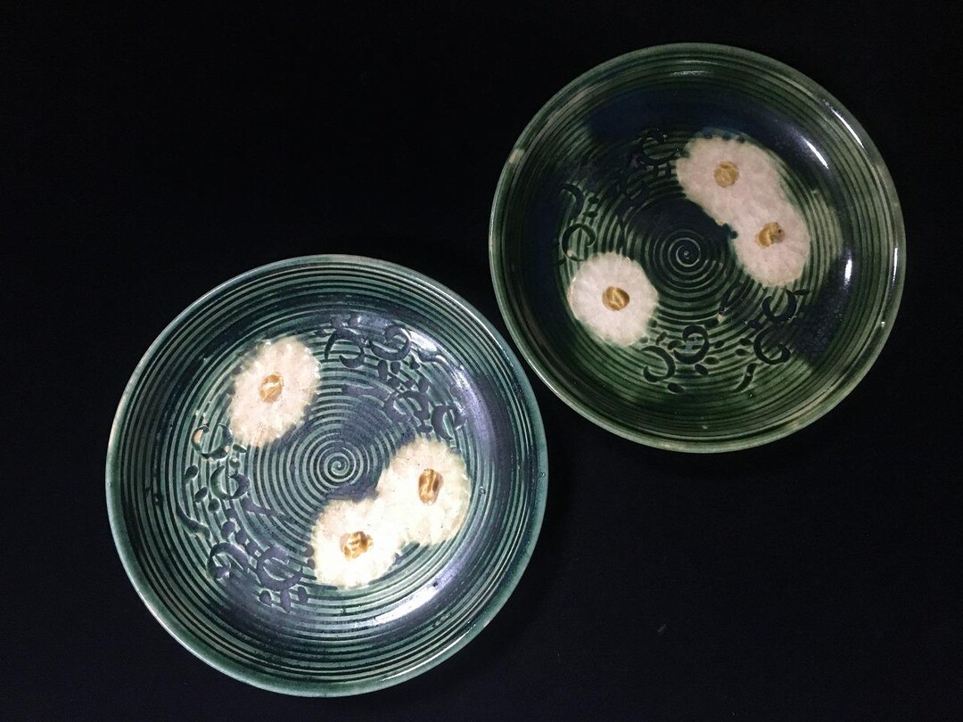 D0051 Japanese Pottery Dish Plate 2pc Vintage Signed ORIBE Ware Glaze ...