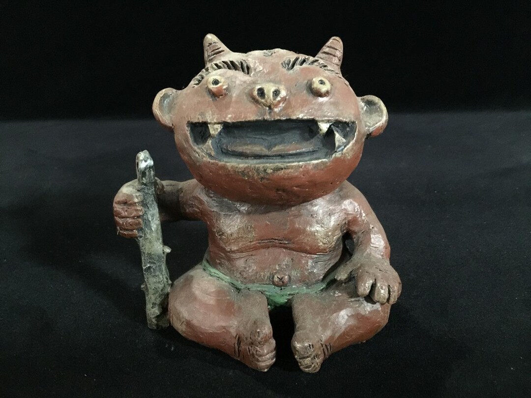 H0445 Japanese Resin Demon Statue Doll Okimono Vintage Signed ONI ...
