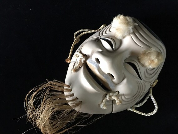 H0898 Japanese Pottery Mask Vintage Beard Old Man Fac… - Gem