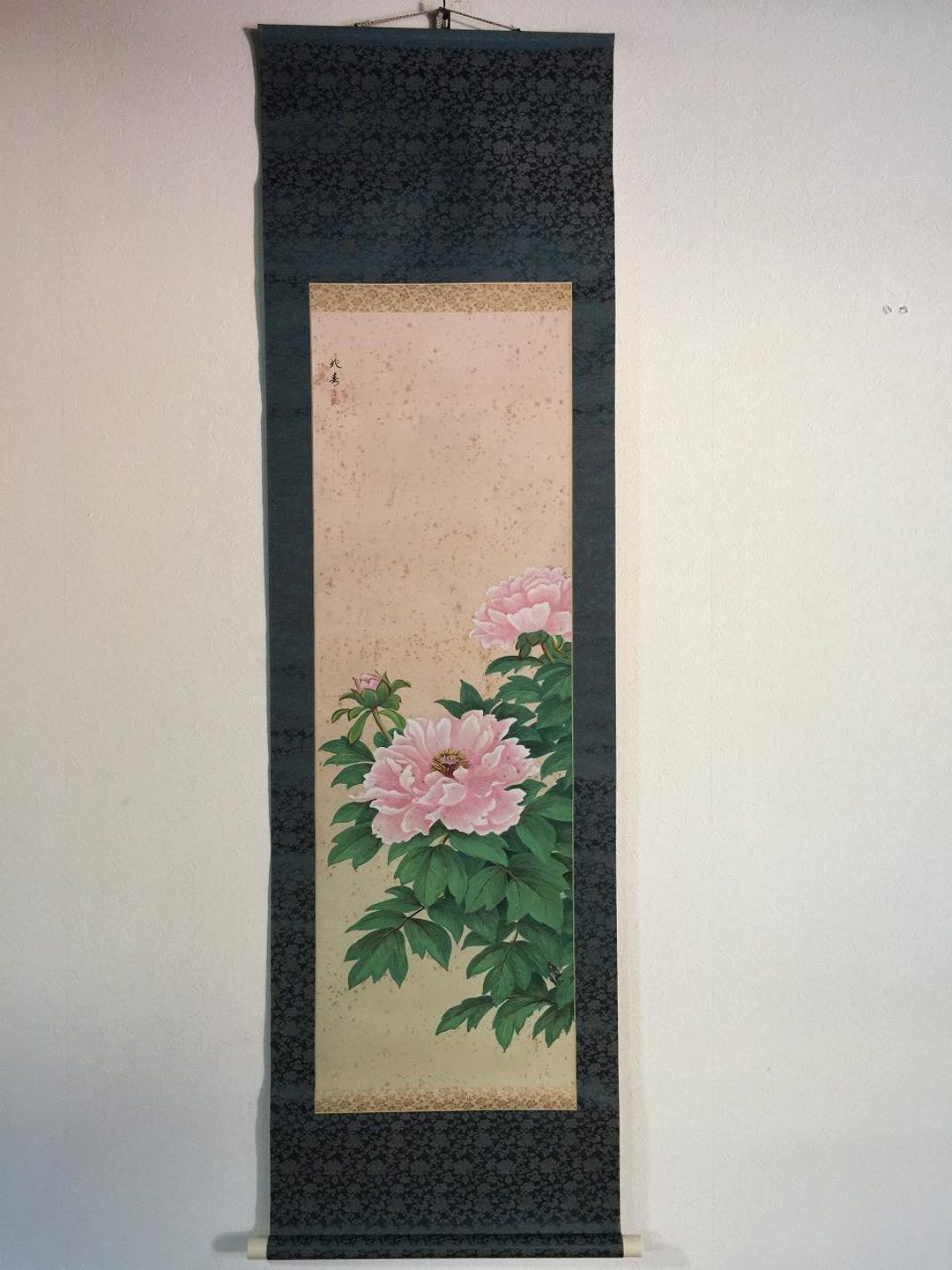 E0660 Japanese Vintage Hanging Scroll KAKEJIKU Hand Paint Silk Flower ...