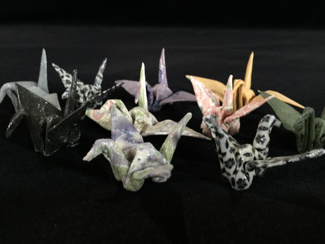 K0657 Japanese Ceramic Origami Crane Okimono ORIZURU 10pc Vintage ...