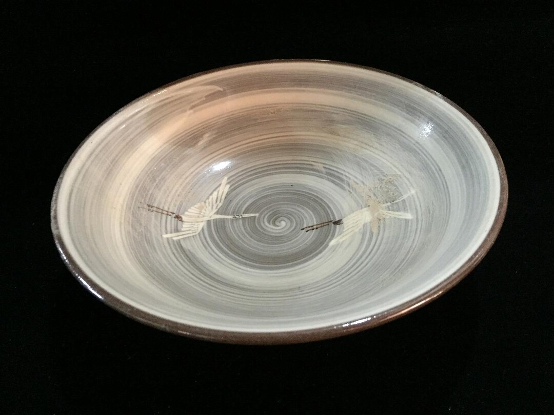 B1819 Japanese Pottery Dish Bowl Vintage HAKEME Crane Unique Tableware ...