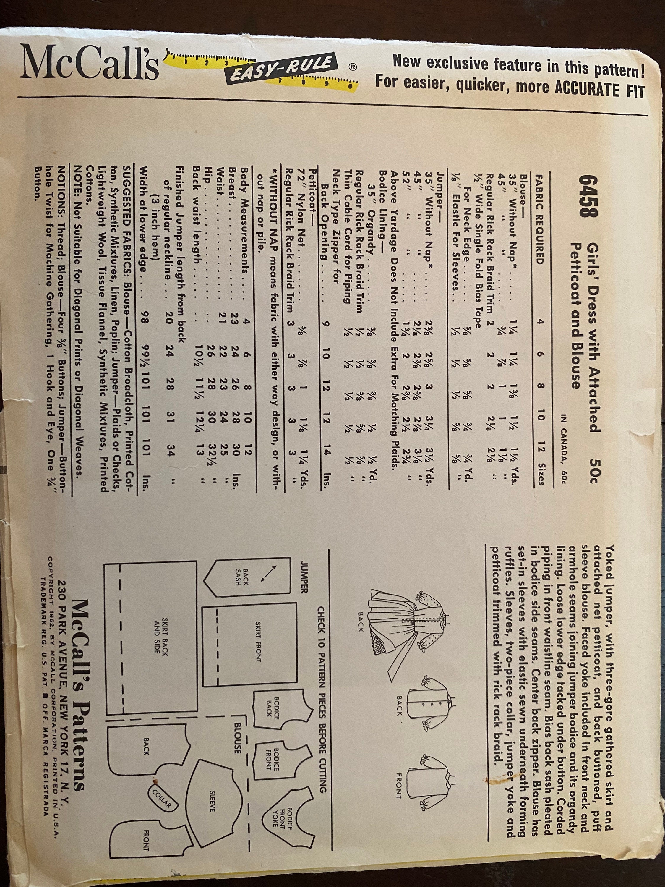 Mccall's 6458 Vintage Sewing Pattern Girls Jumper With Petticoat and ...