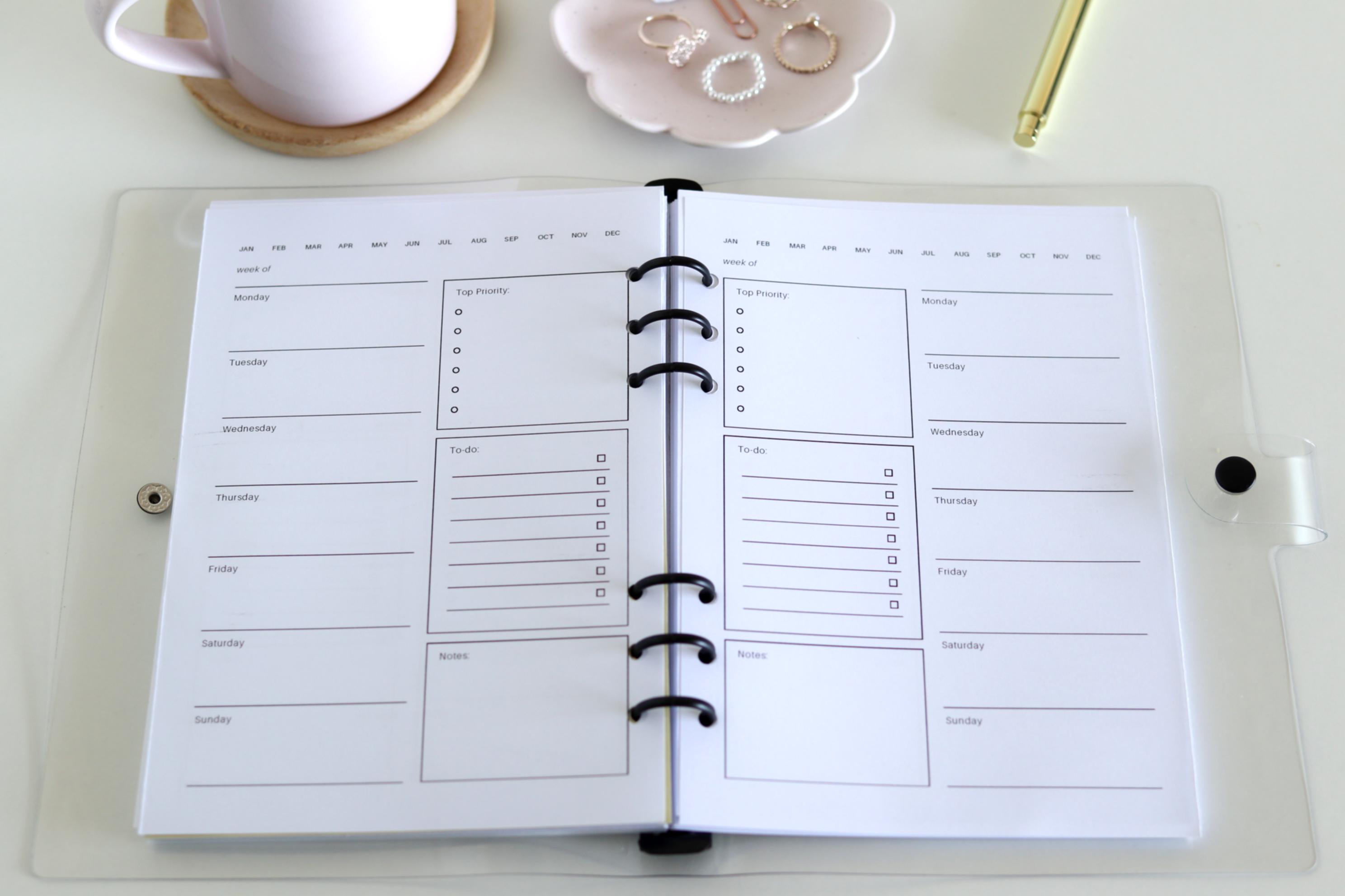Printable Weekly Planner, Week on One Page, WO1P, A5, Monday & Sunday ...