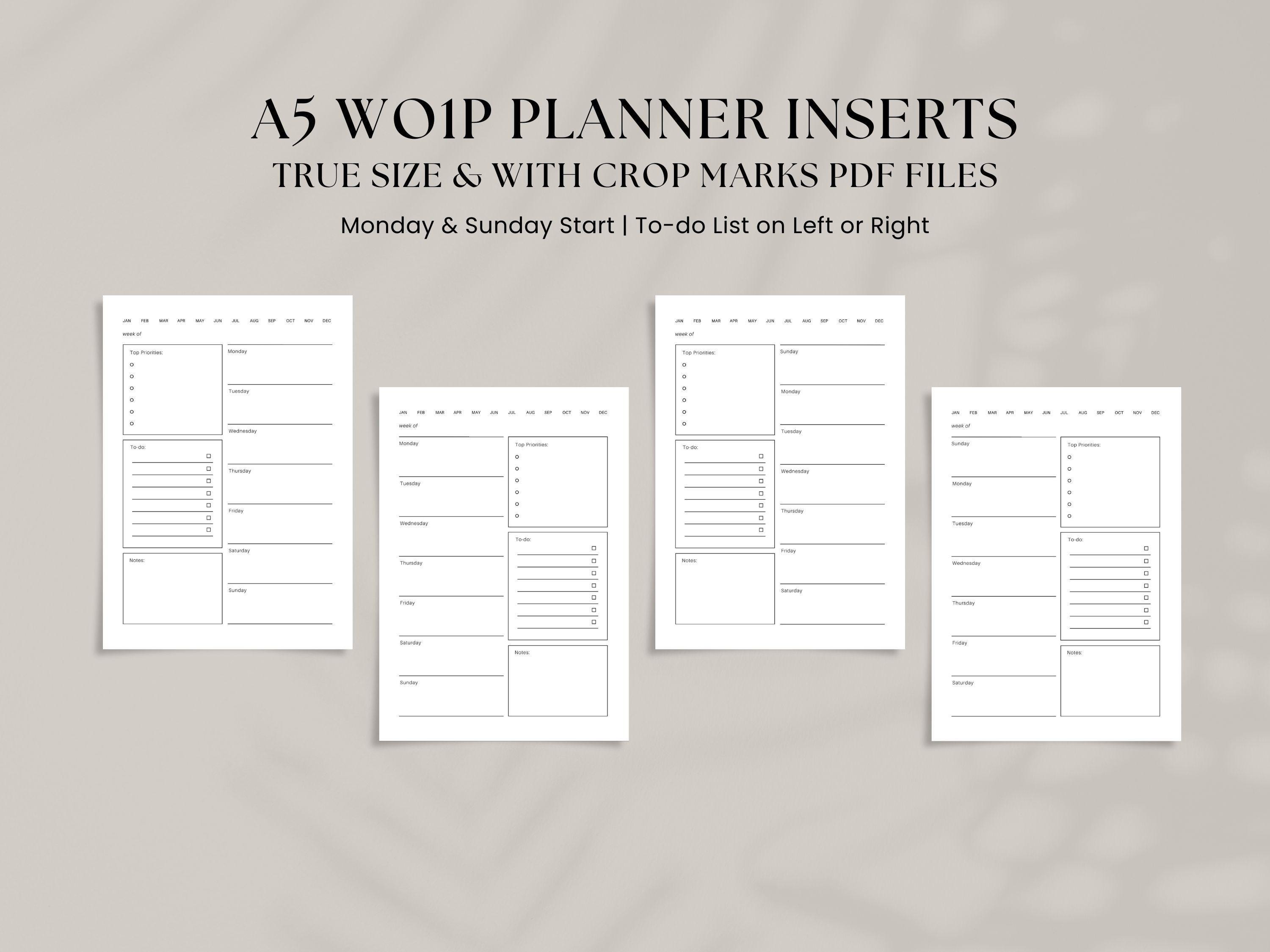 Printable Weekly Planner, Week on One Page, WO1P, A5, Monday & Sunday ...