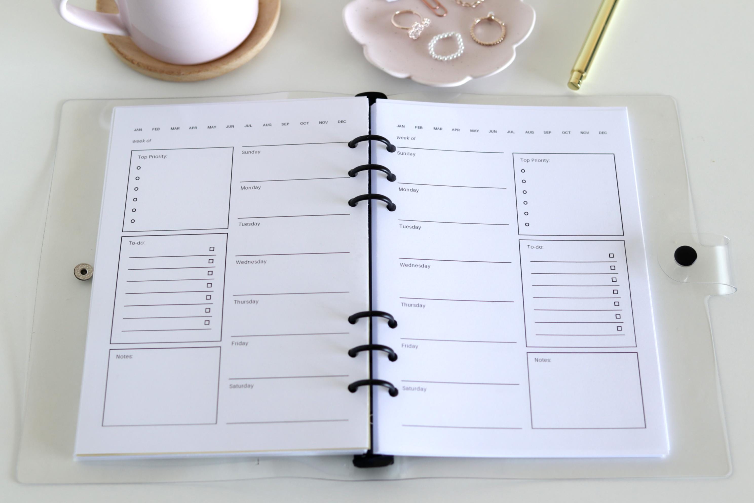 Printable Weekly Planner, Week on One Page, WO1P, A5, Monday & Sunday ...
