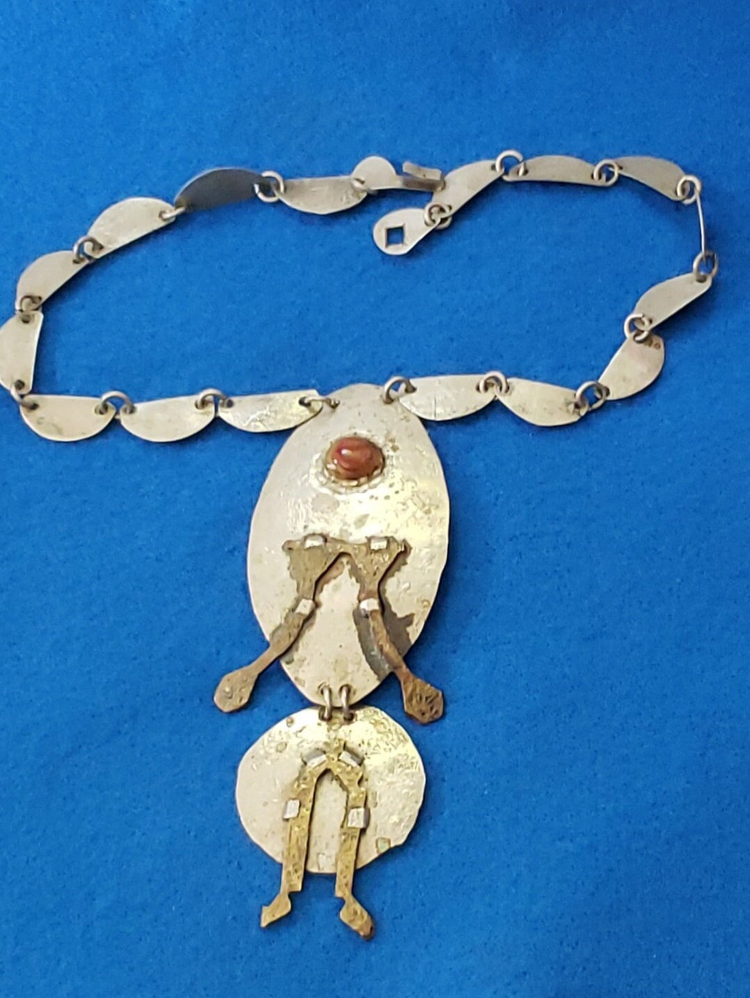 Vintage Lillo Israel Mid Century Brutalist Necklace, Mixed Metals, Red ...