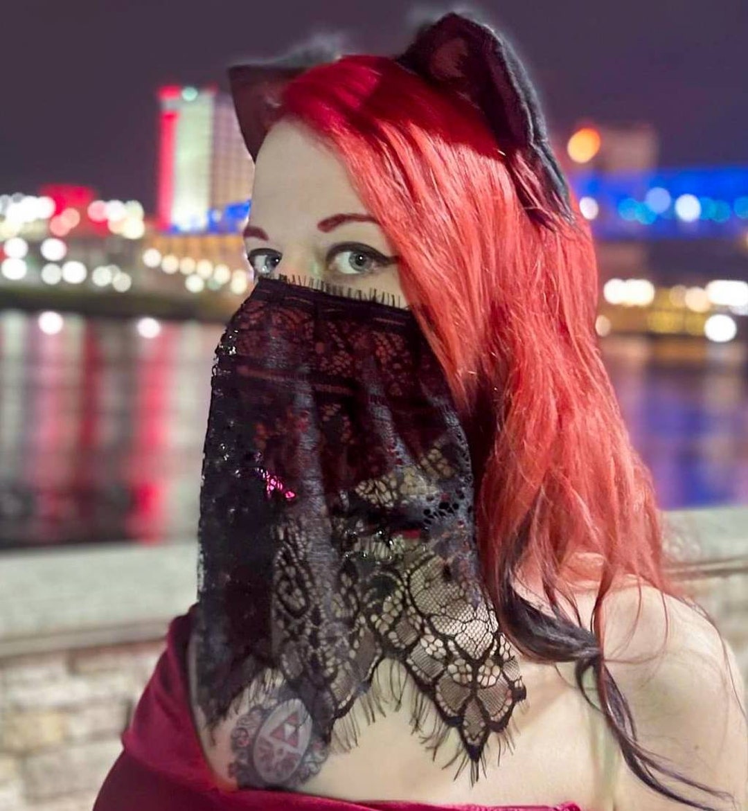 Red Black Blue Base Black Veil Fitted Cotton Mask 2 Layer Adjustable ...