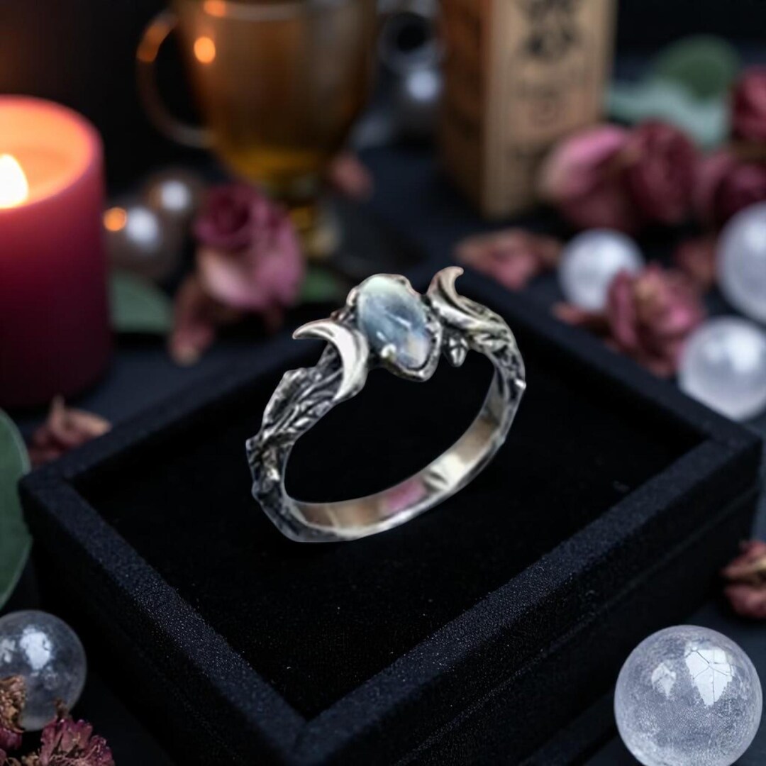 Moonstone Women Ring, Triple Moon Phase Ring, Gothic Style, Witchy ...