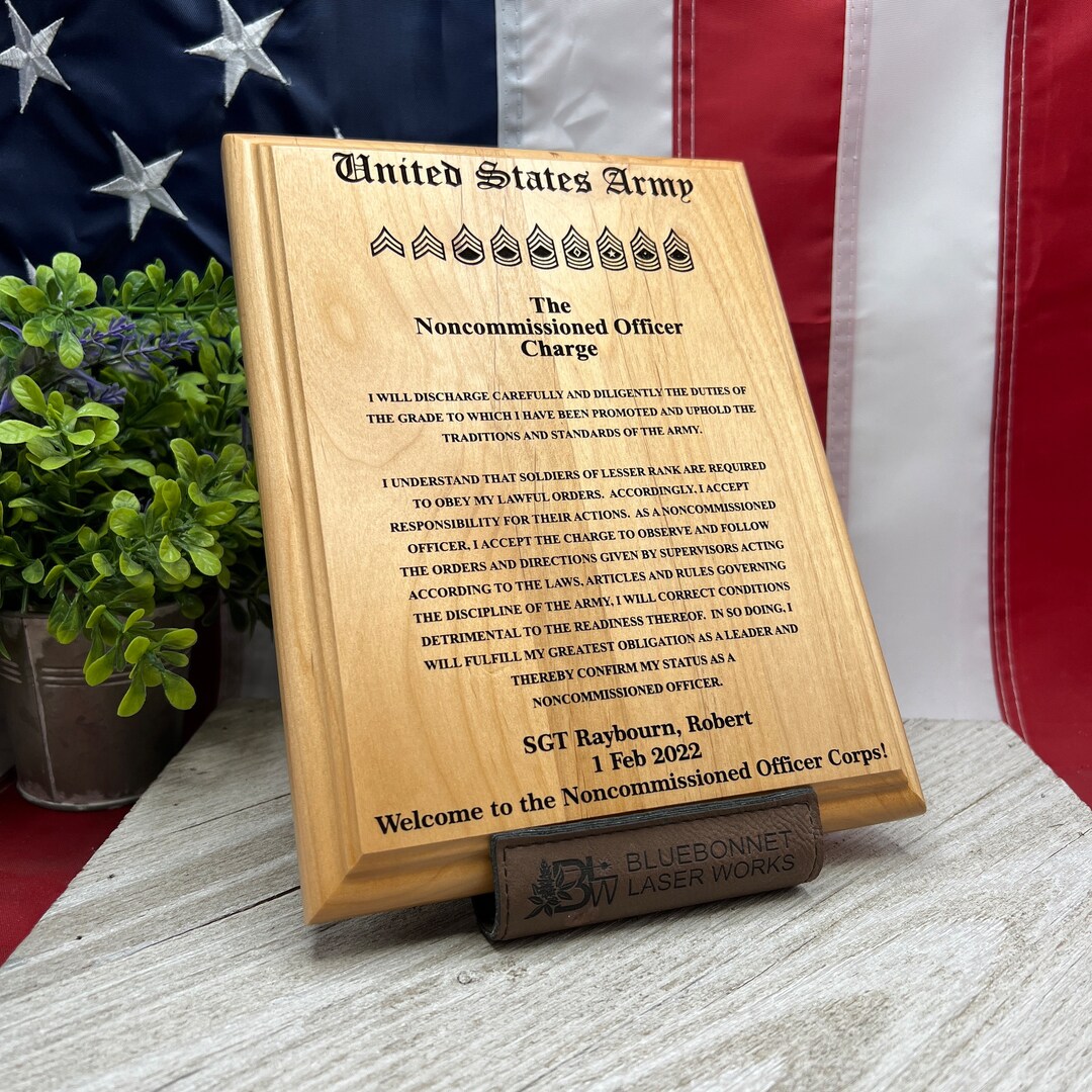 Army NCO Charge- Leatherette or Wood Plaque; Induction, Promotion ...