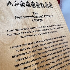 Army NCO Charge- Leatherette or Wood Plaque; Induction, Promotion ...