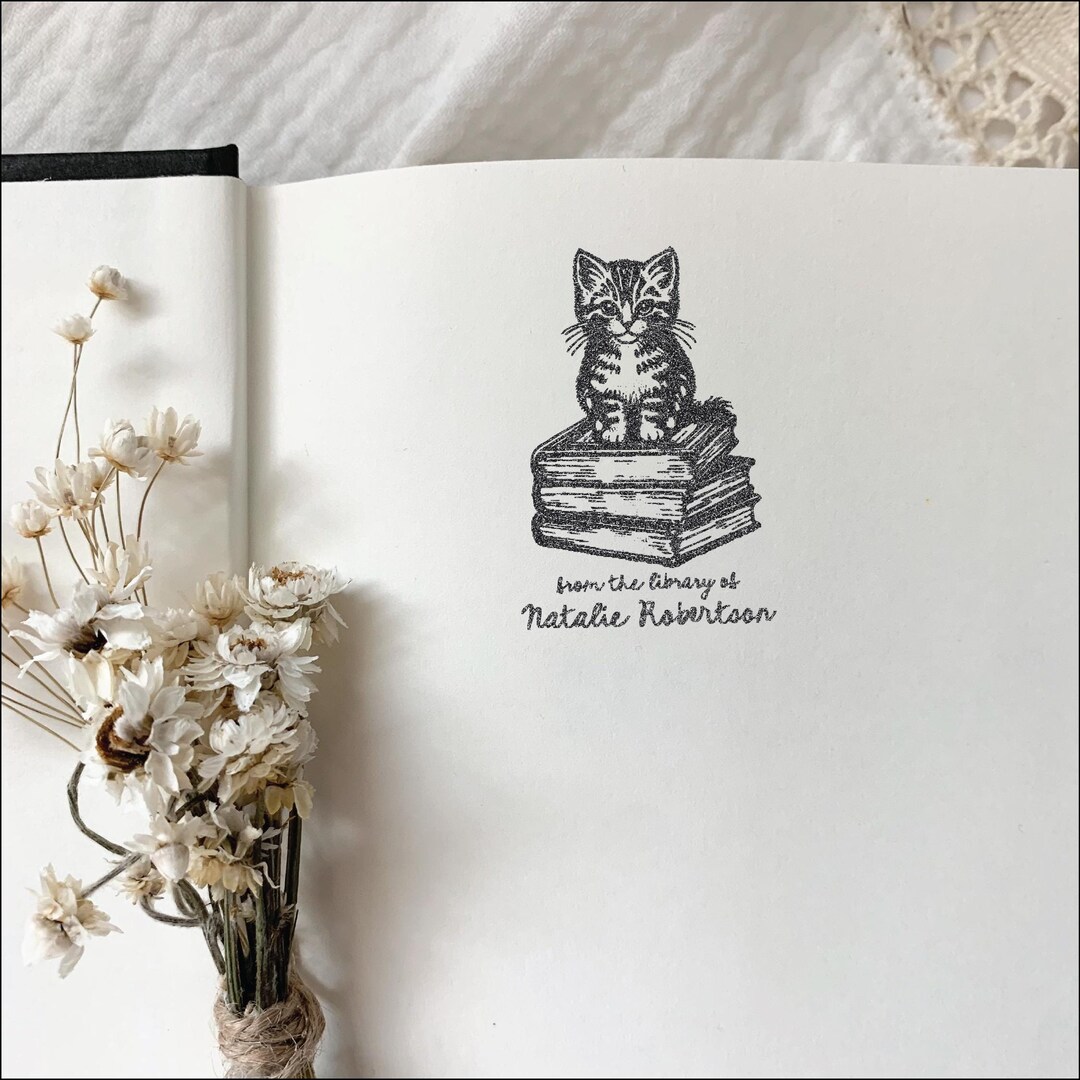 Cat Library Stamp, Cute Kitty Book Stamp, Kitten Book Custom Book ...
