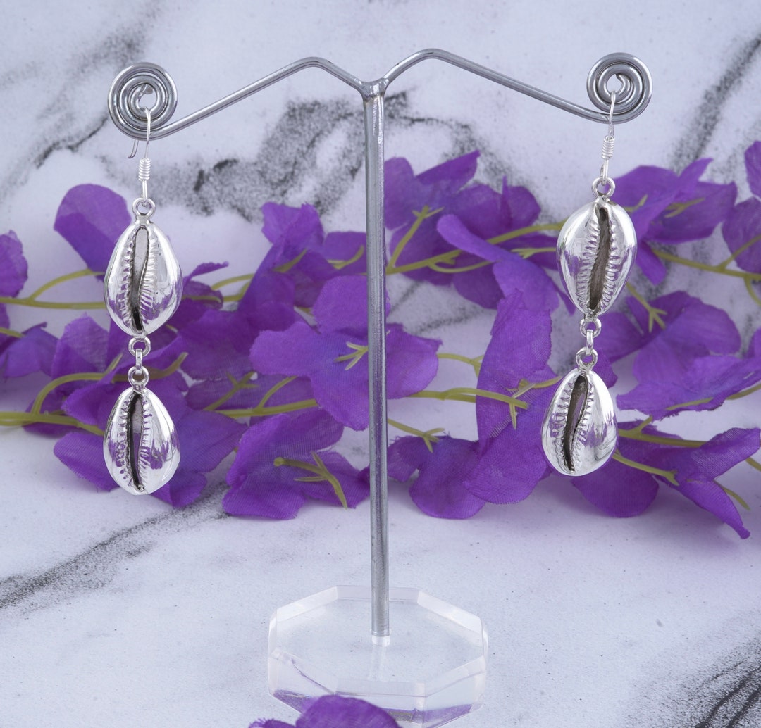 2 Layer Cowrie Shell Design Silver Earring, 925 Solid Sterling Silver ...