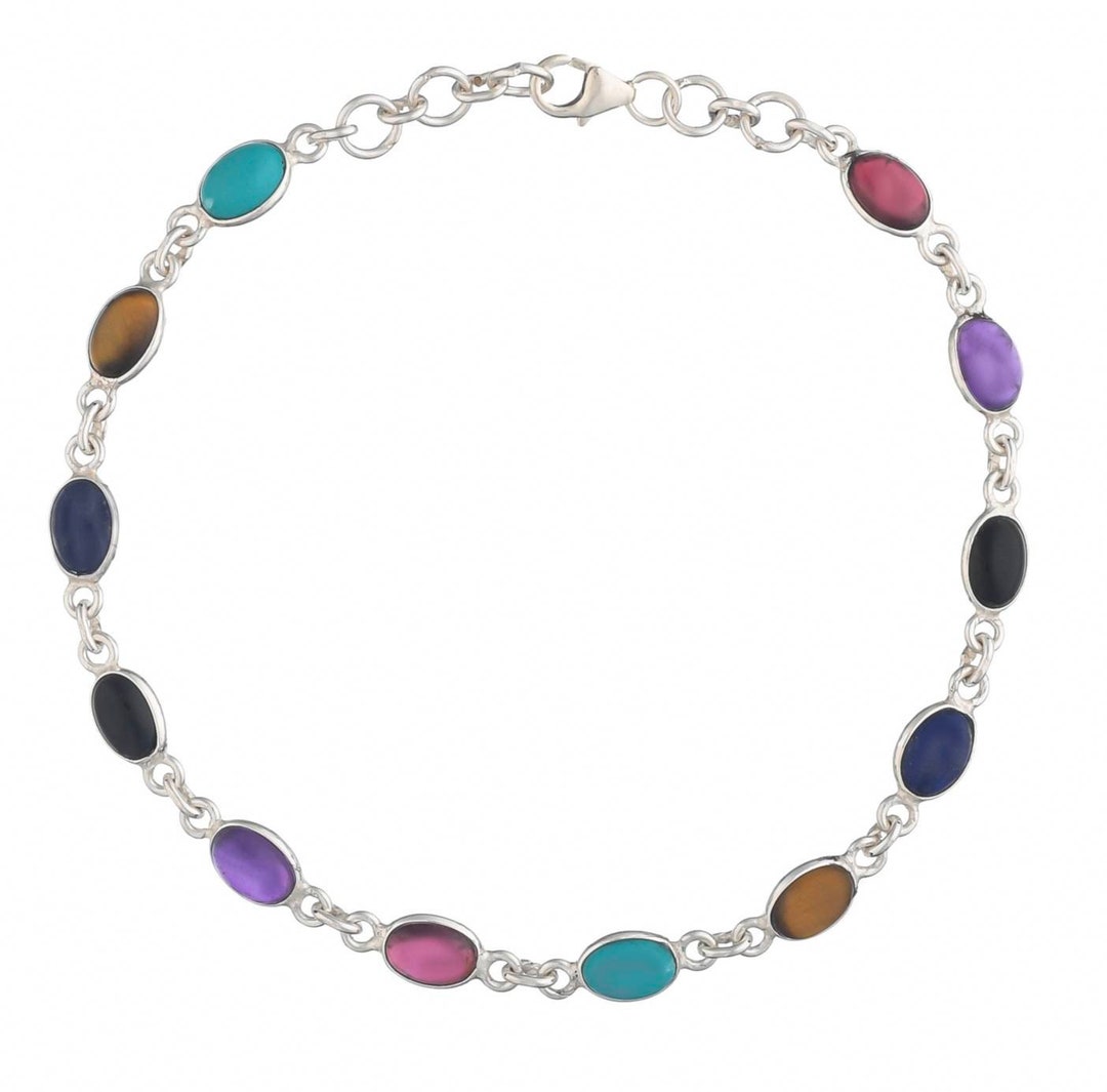 Natural Multi Color Gemstone Bracelet, 925 Solid Sterling Silver Bezel ...