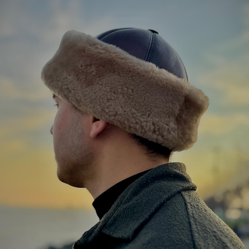 Handcrafted Brown Leather Shearling Hat – Sheepskin Hats Winter Fur ...
