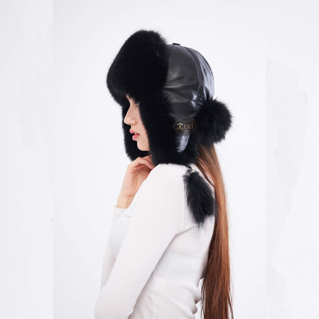 Women’s Black Fox Fur Trapper Hat Ushanka Russian Leather Chapka ...