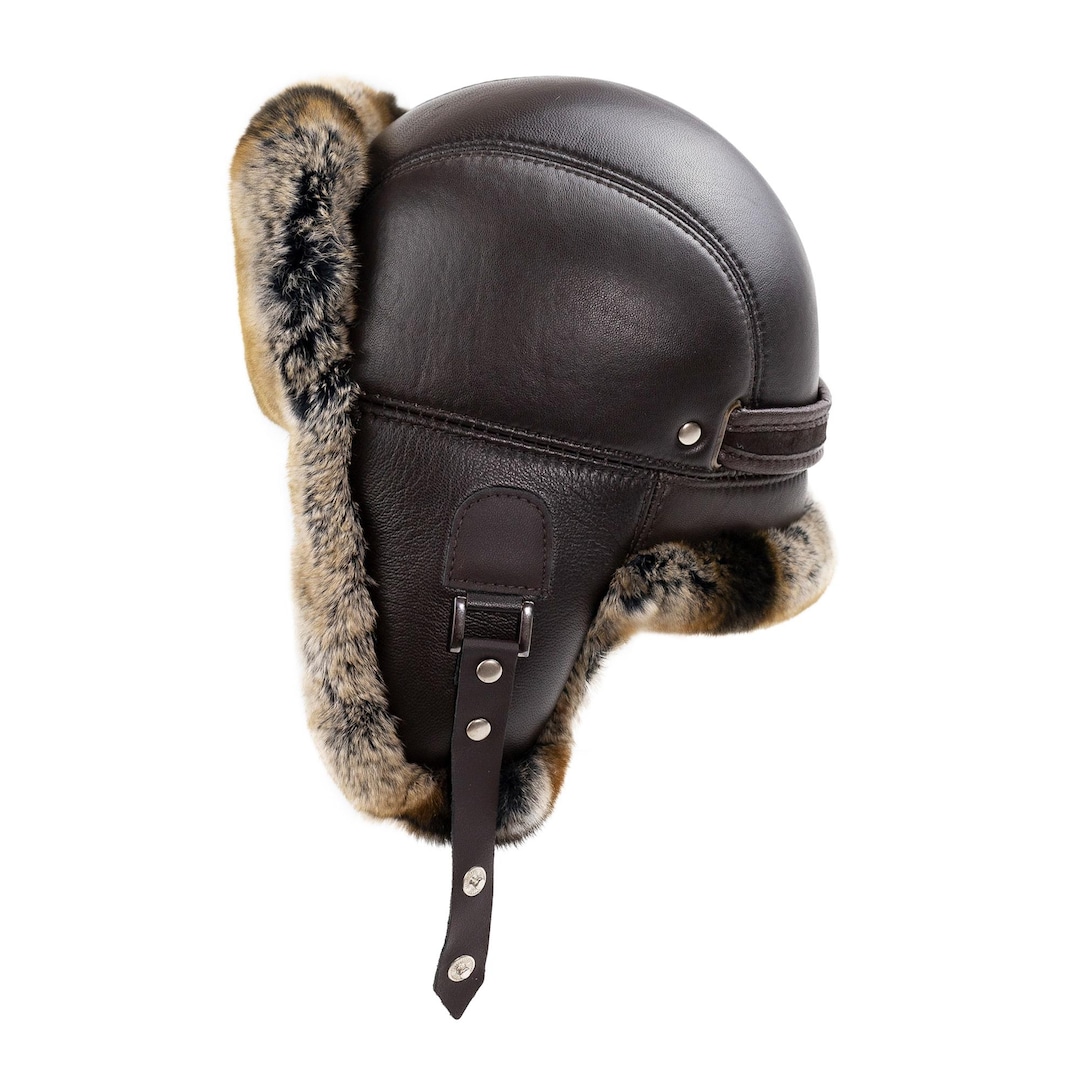 Men’s Brown Rex Rabbit Fur Hats – Russian Ushanka Trapper Hat Leather ...