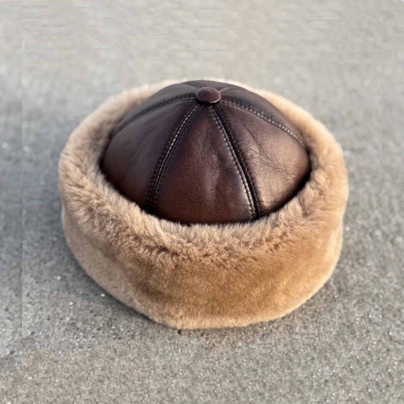 Handcrafted Brown Leather Shearling Hat – Sheepskin Hats Winter Fur ...