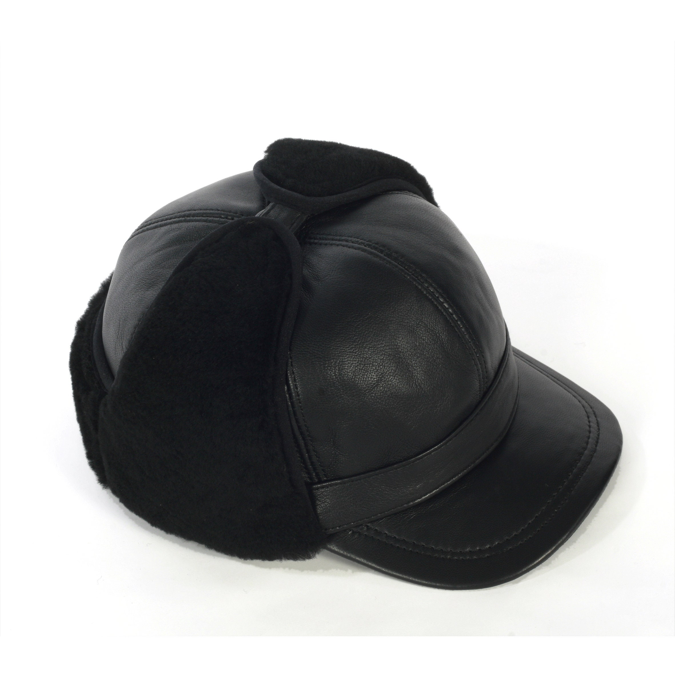 Men’s Leather Winter Hat With Ear Flaps - Trapper Hats, Handmade Black ...