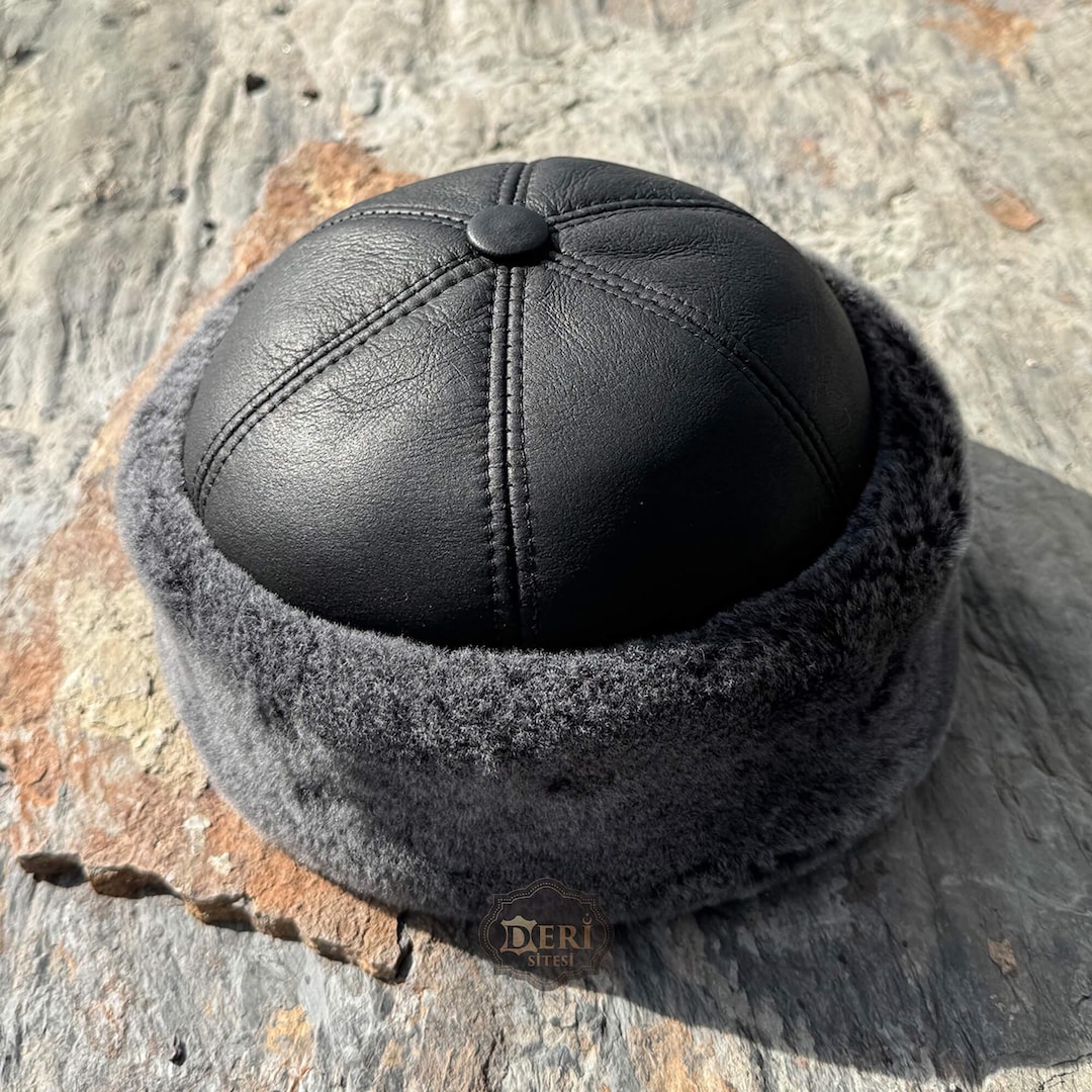 Shearling Sheepskin Leather Beanie – Handmade Gray Winter Hat, Unisex ...