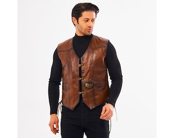 Genuine Sheep Leather Bar Vest, Sleeveless Leather Jacket Genuine Sheep Leather Bar Vest, Sleeveless Leather Jacket