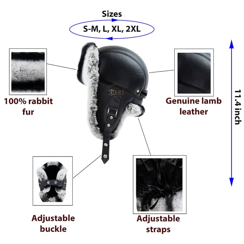 Rabbit Fur Hat for Men's Leather Aviator Trapper Winter Ushanka ...
