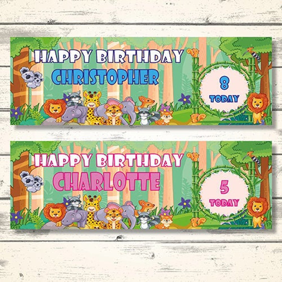 2 Personalised Jungle Animals Birthday Banner Any Name Any AGE ...