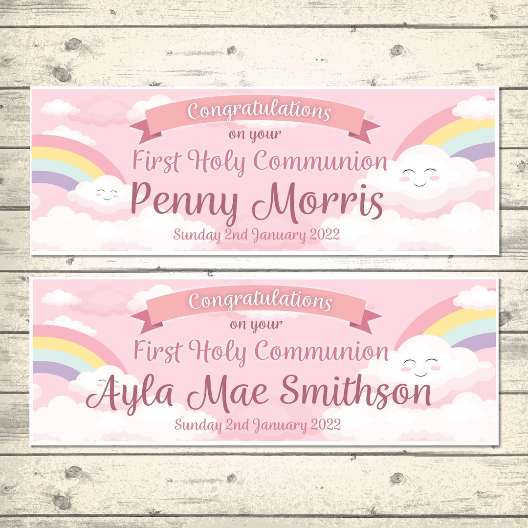 2 Personalised First Holy Communion Banners -Pretty Pink Rainbow Design ...