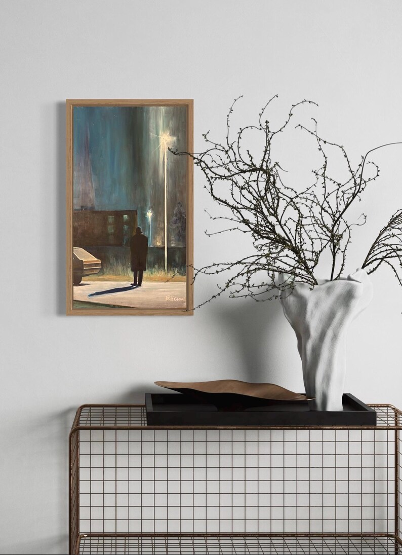 Original Oil Painting – Noir Urban Night Scene, Man Under Streetlight ...