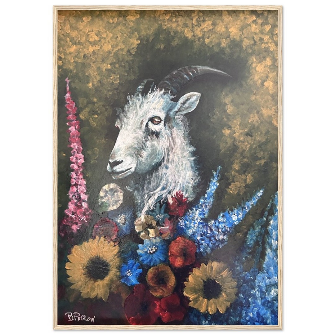 Vintage Style Animal Wall Art | Goat Portrait | Colorful Vivid Floral ...