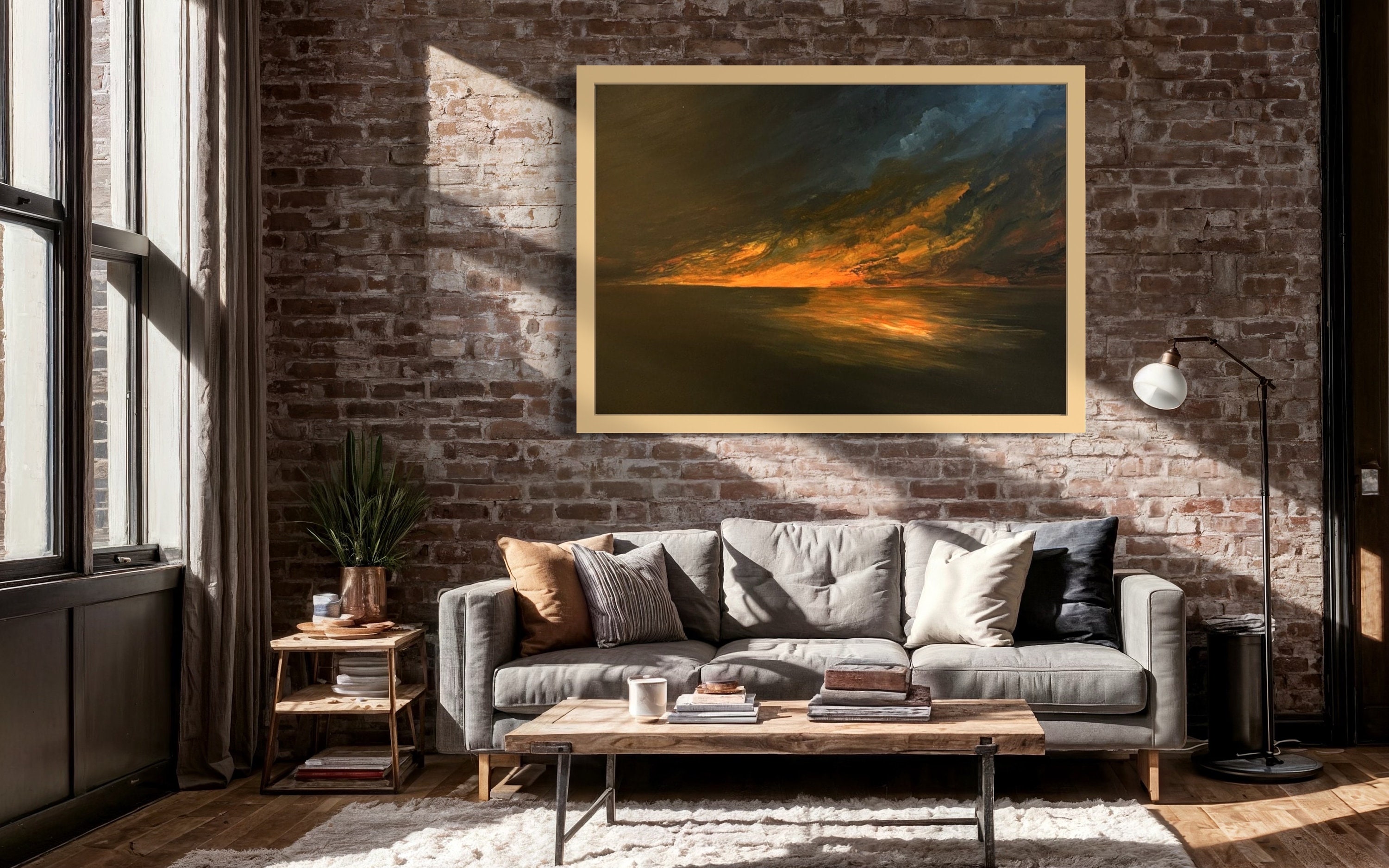 Bright Orange Sunset Painting, Fire Orange Sunset Art for Living Room ...