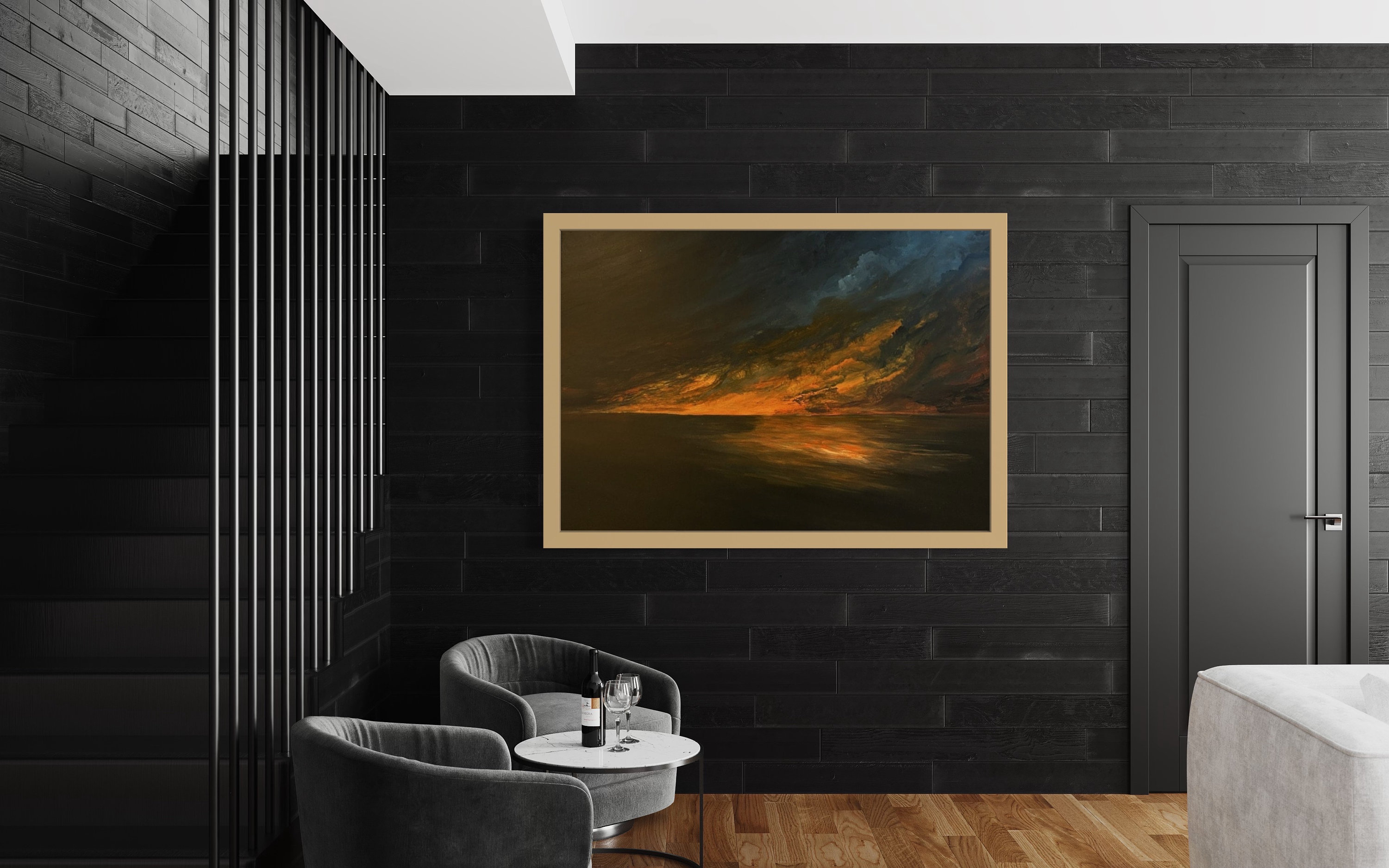 Bright Orange Sunset Painting, Fire Orange Sunset Art for Living Room ...