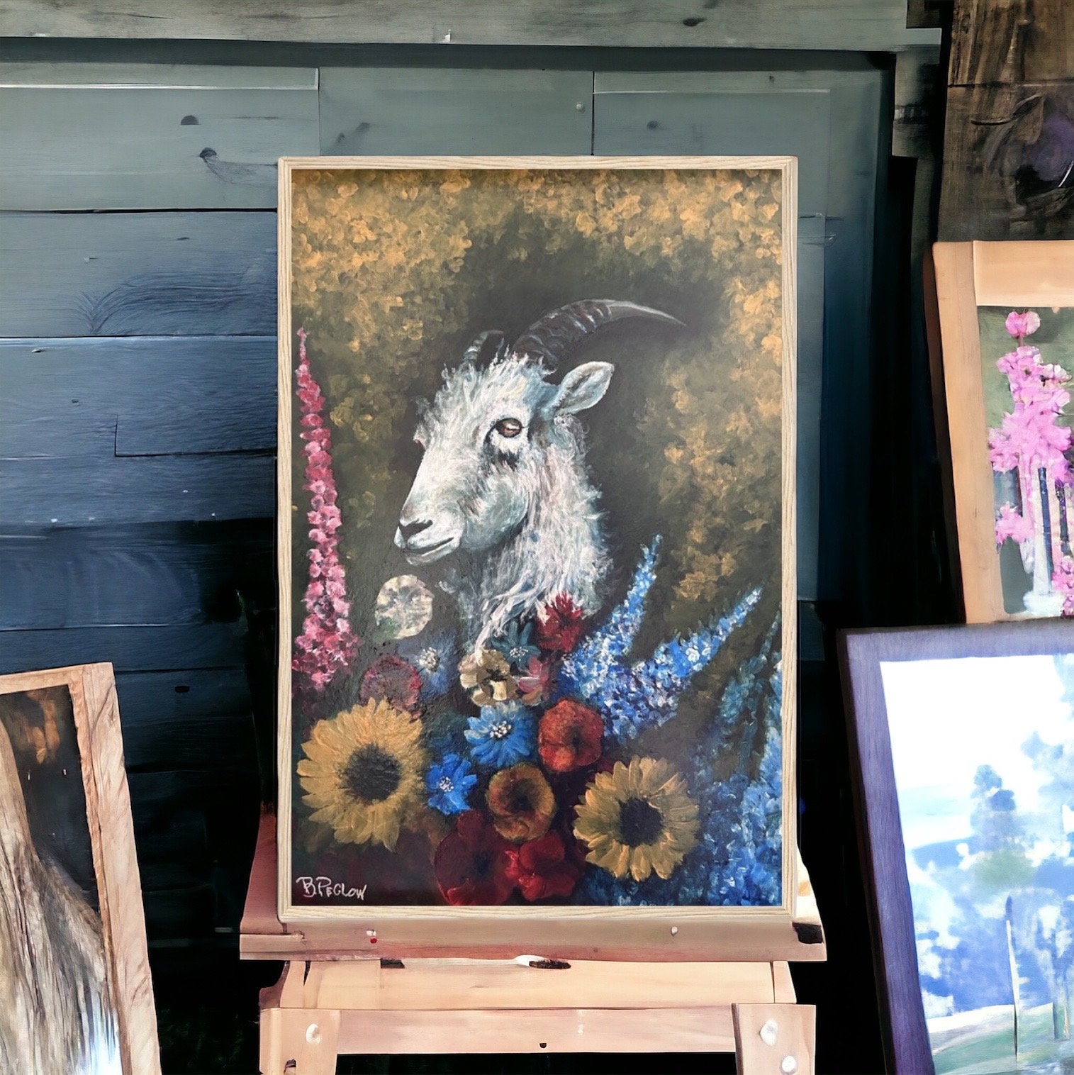 Vintage Style Animal Wall Art | Goat Portrait | Colorful Vivid Floral ...