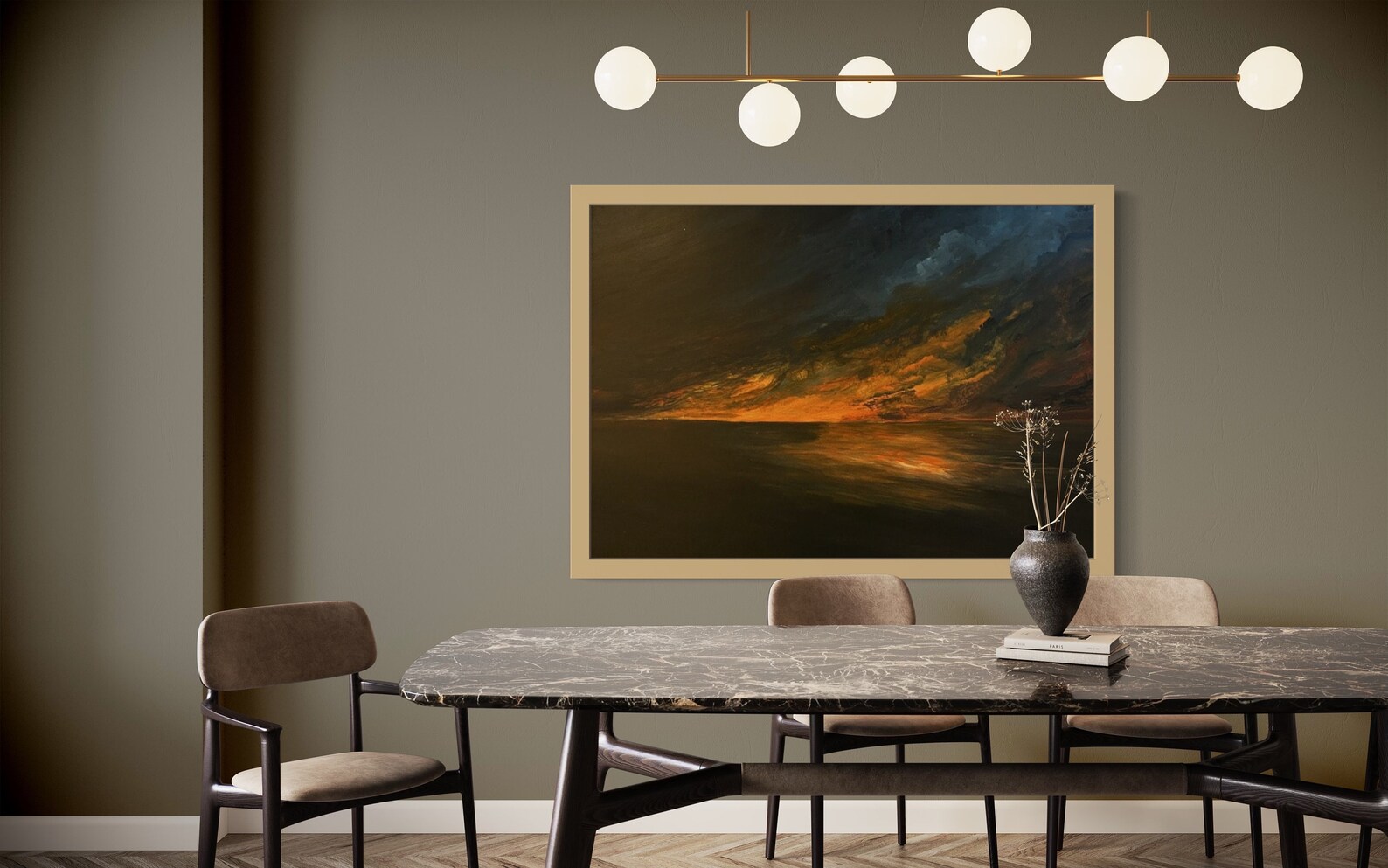 Bright Orange Sunset Painting, Fire Orange Sunset Art for Living Room ...