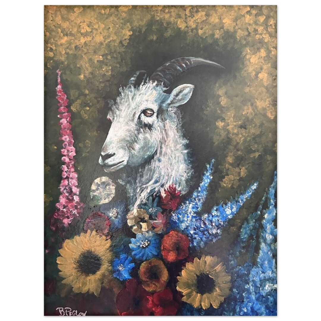 Vintage Style Animal Wall Art, Goat Portrait, Colorful Floral Art Print ...