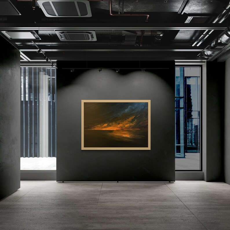 Bright Orange Sunset Painting, Fire Orange Sunset Art for Living Room ...