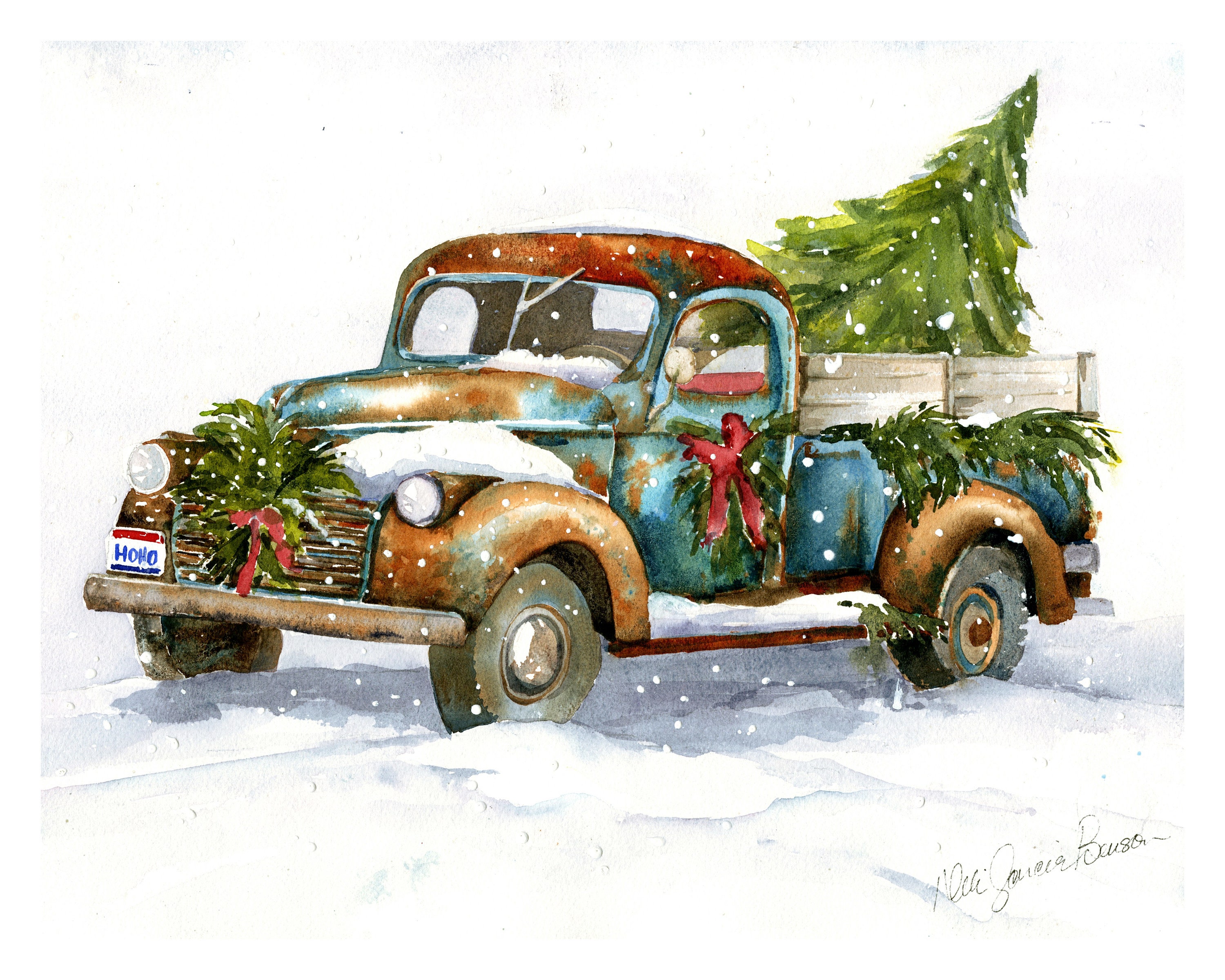 Rusty Truck Watercolor / Christmas Tree Truck Art/ White Snow Painting ...