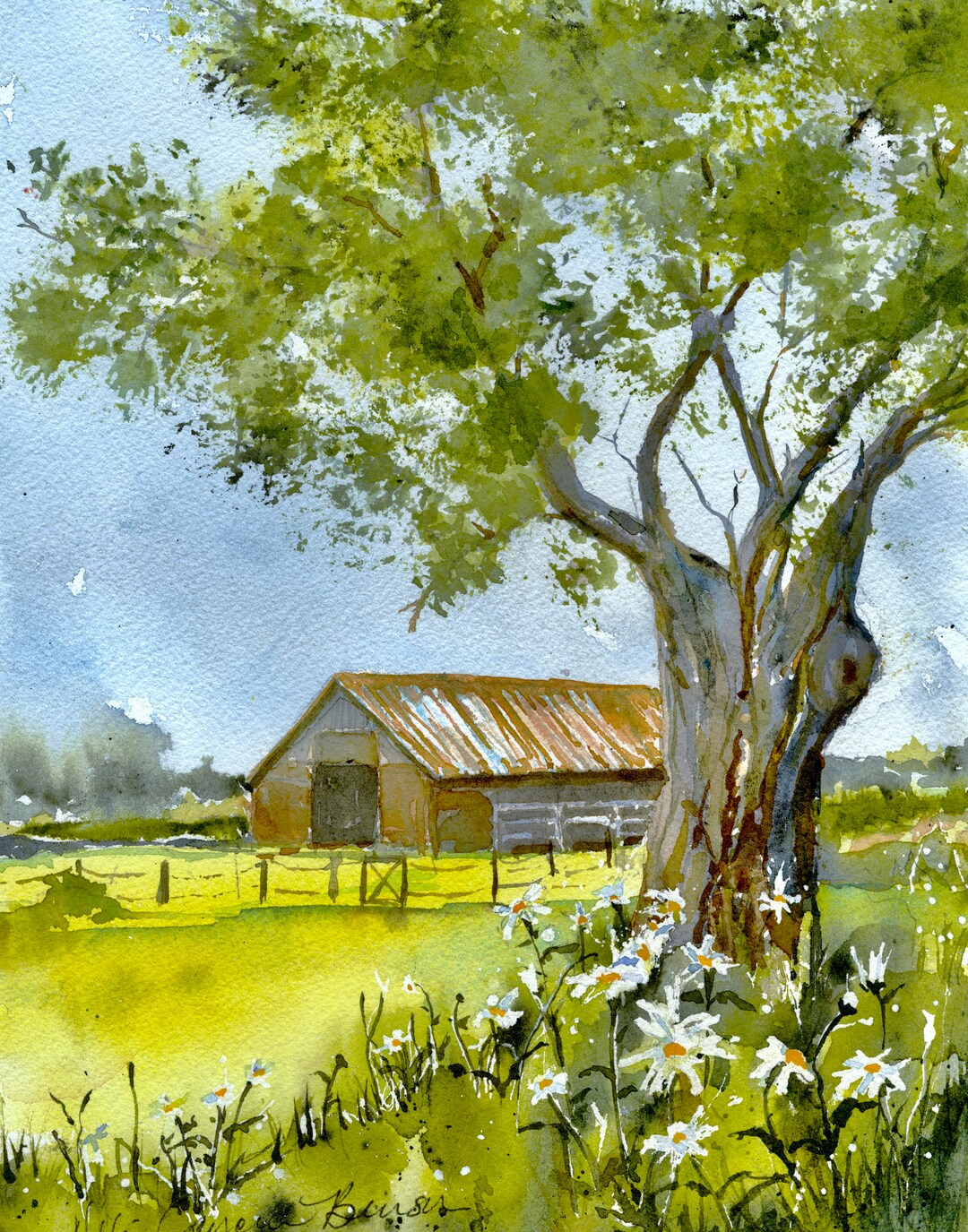 Old Rustic Barn Watercolor Print/ Barn Art Gift/ Flower in the Meadow ...