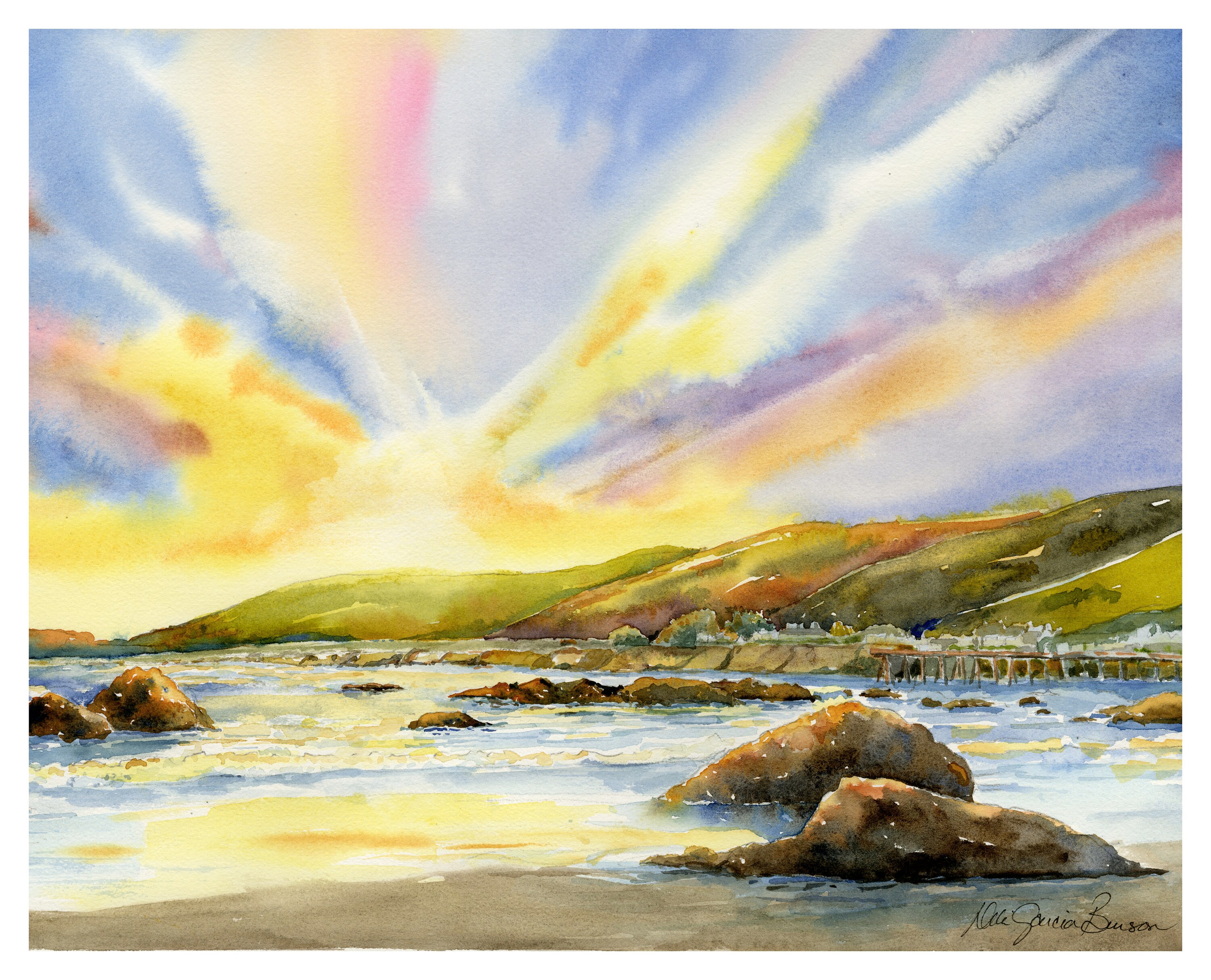 Beach at Sunset Watercolor/ Cayucos Beach/ Central Coast/ Rocks & Waves ...