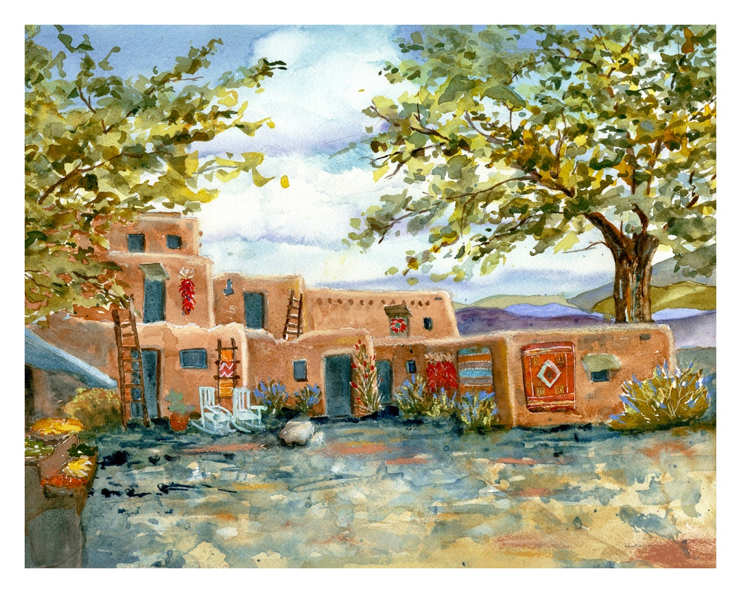 Santa Fe Adobe Watercolor/ Southwest Art/ New Mexico Art/ Colorful ...