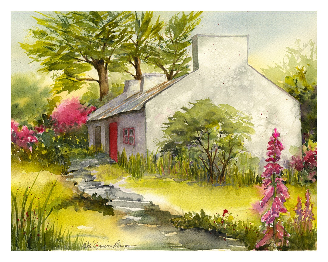 Irish Red Door Cottage, Ireland Watercolor Painting/ Irish Cottage ...