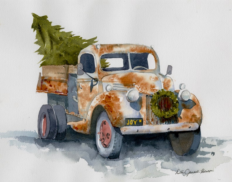 Christmas Tree Truck, Rustic Red Truck, Red Truck, Giclée Print of ...