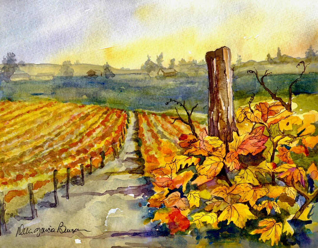 Wine Country Watercolor Painting/ Vineyard Painting/ Wine/ Vineyard Wedding Gift/ Giclee Print ...