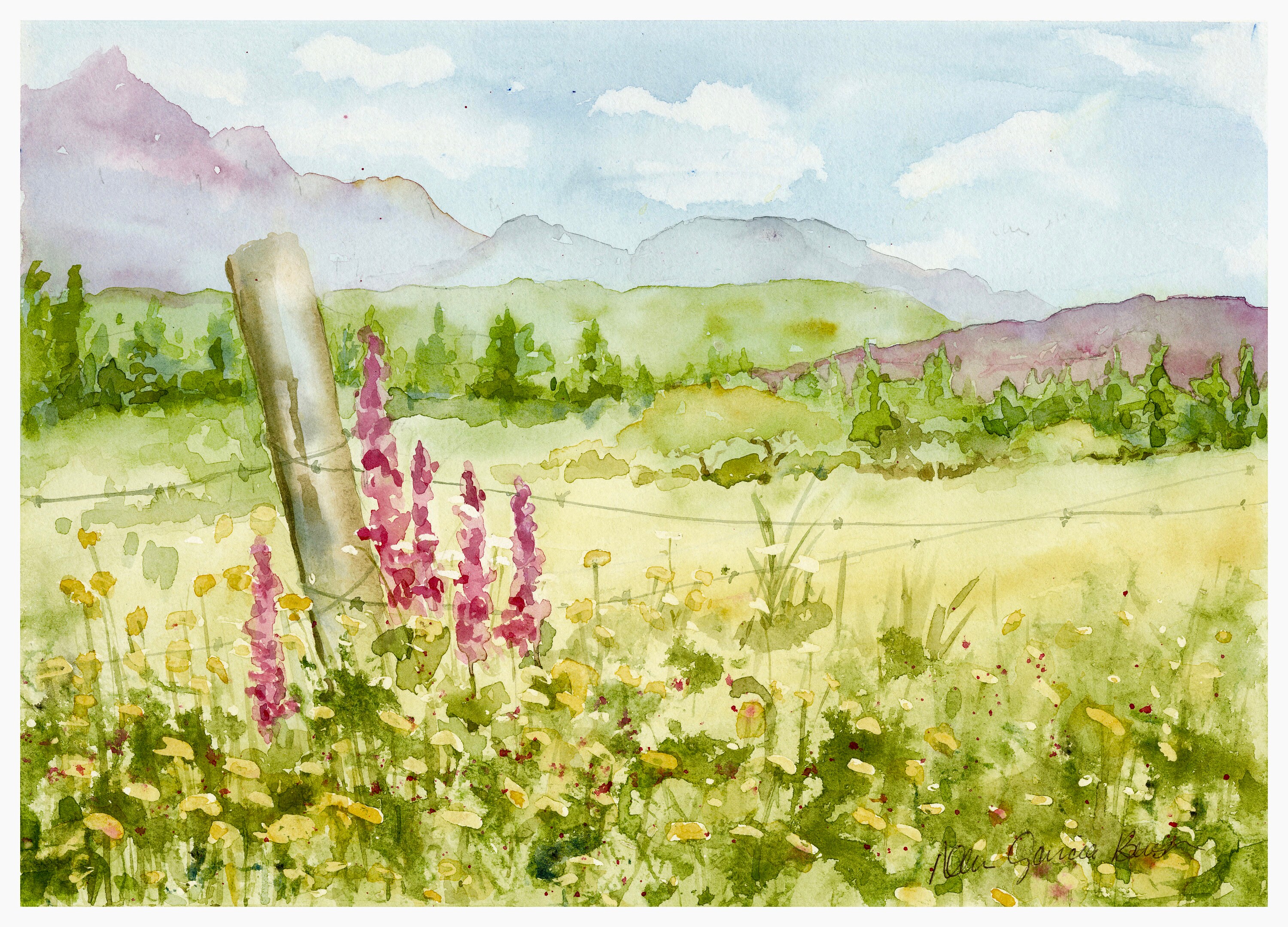 Spring Flowers in Mountain Meadow/ Country Painting/ Old Fence/ Quality ...