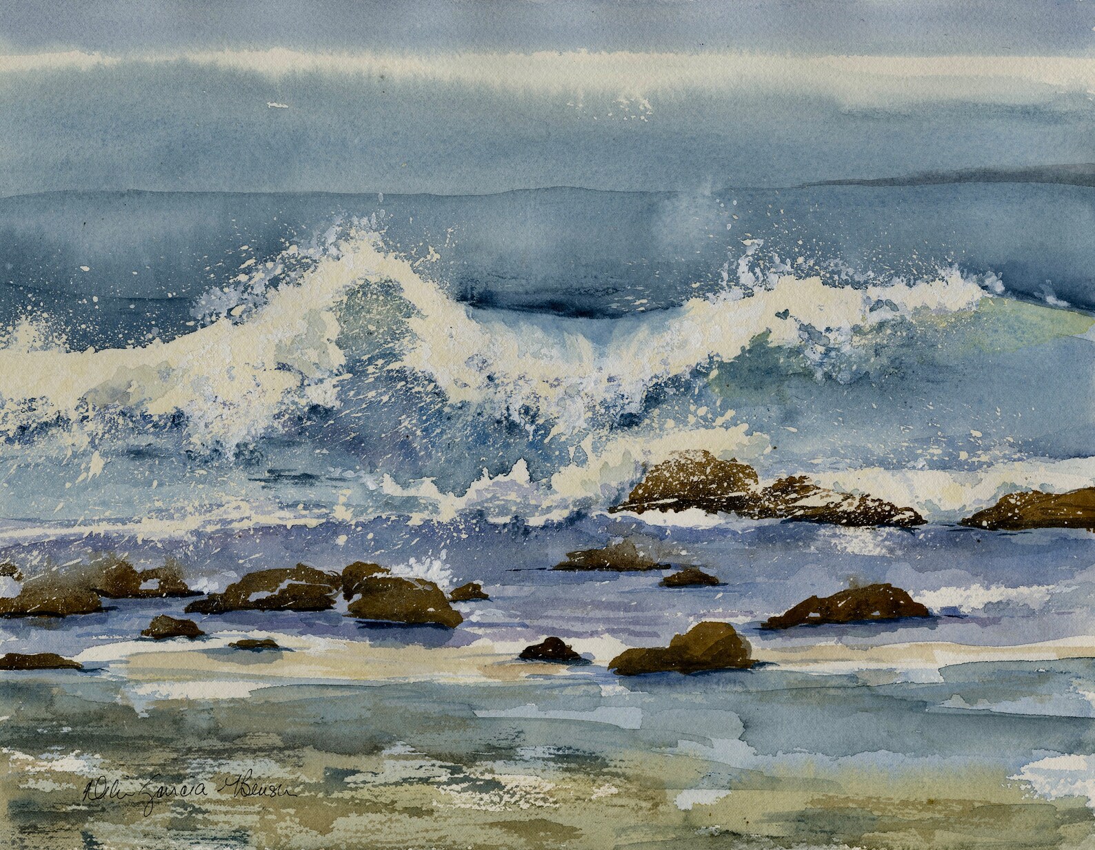 Waves on the Rocky Shore Watercolor Painting/ Ocean Waves California ...