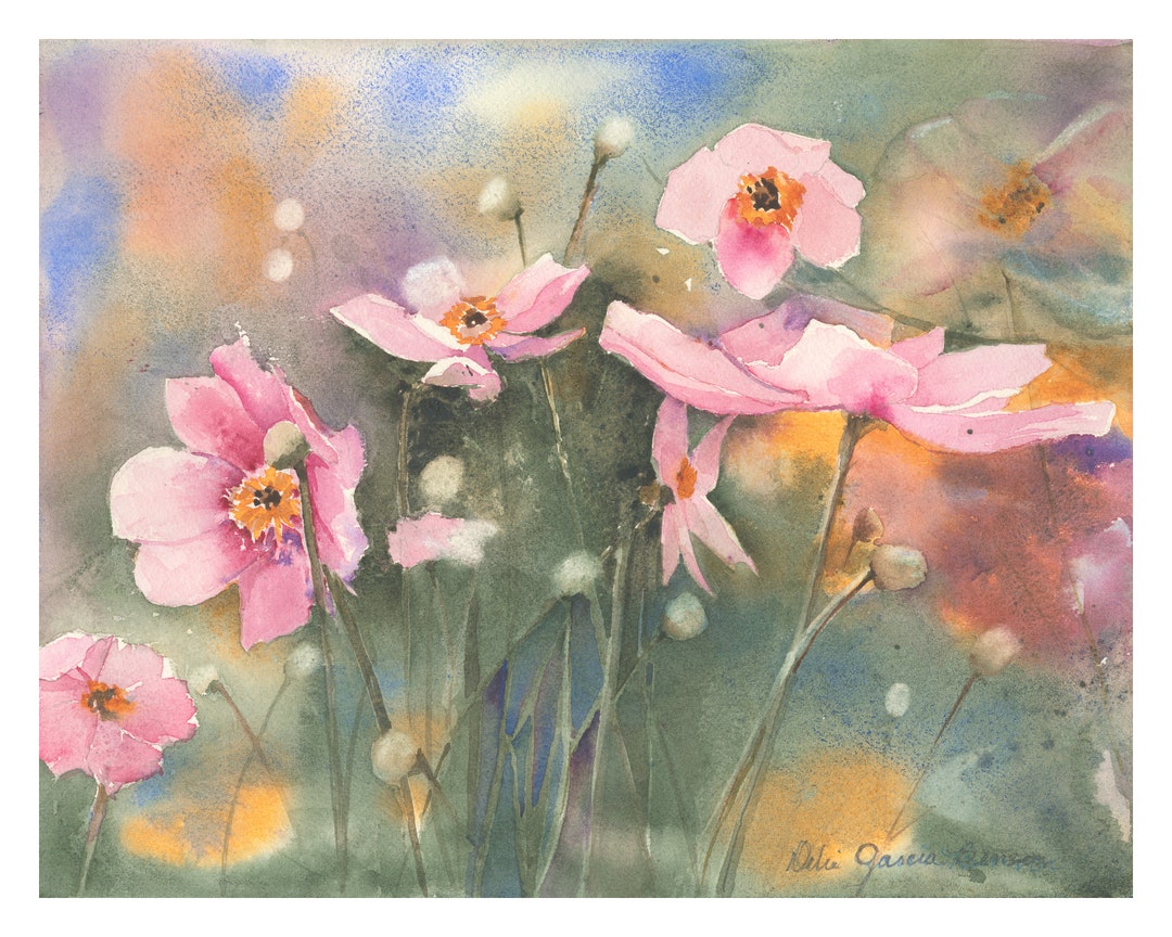Dancing Cosmos Original Watercolor/ Pink Flower Painting/ 11x14"/ One ...