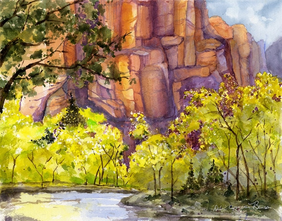 Zion River Watercolor/ Red Rock Canyon Landscape/ National | Etsy