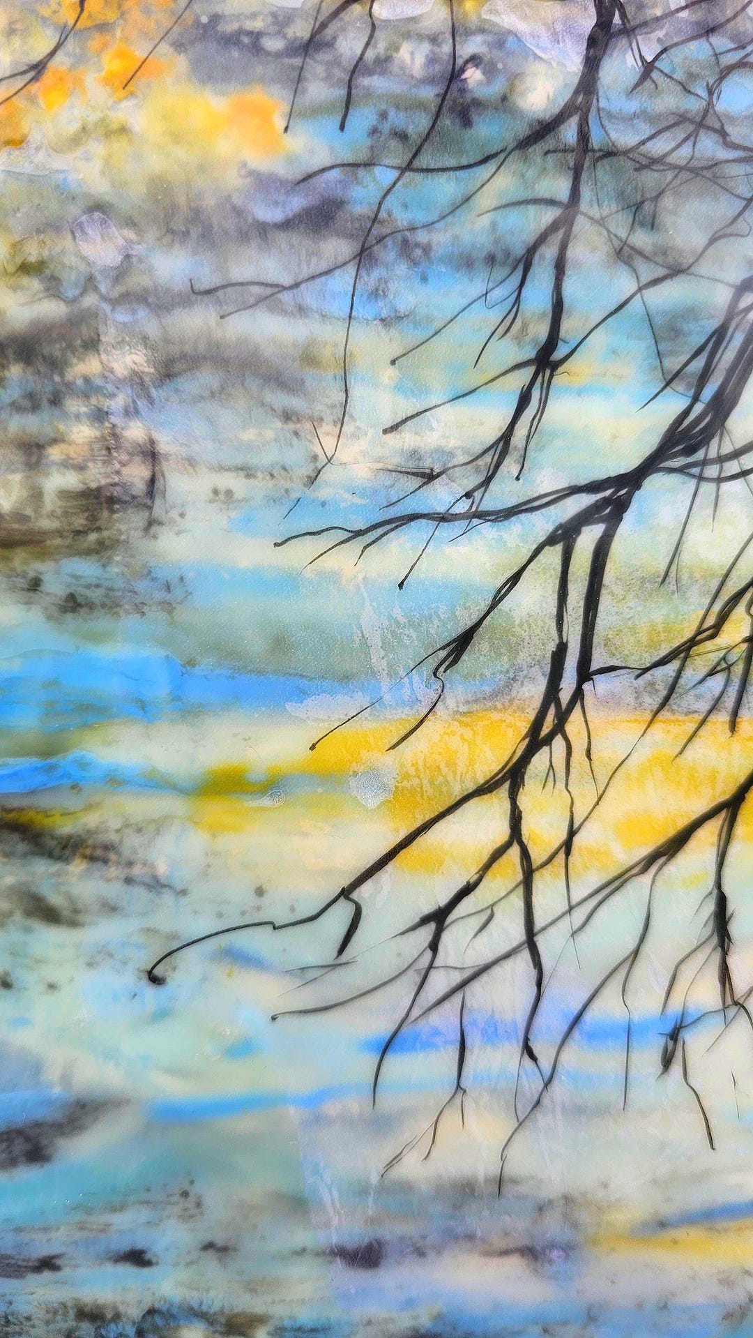 Original Painting, Encaustic Art, Multi Medium, Tree Over Water, Bees ...