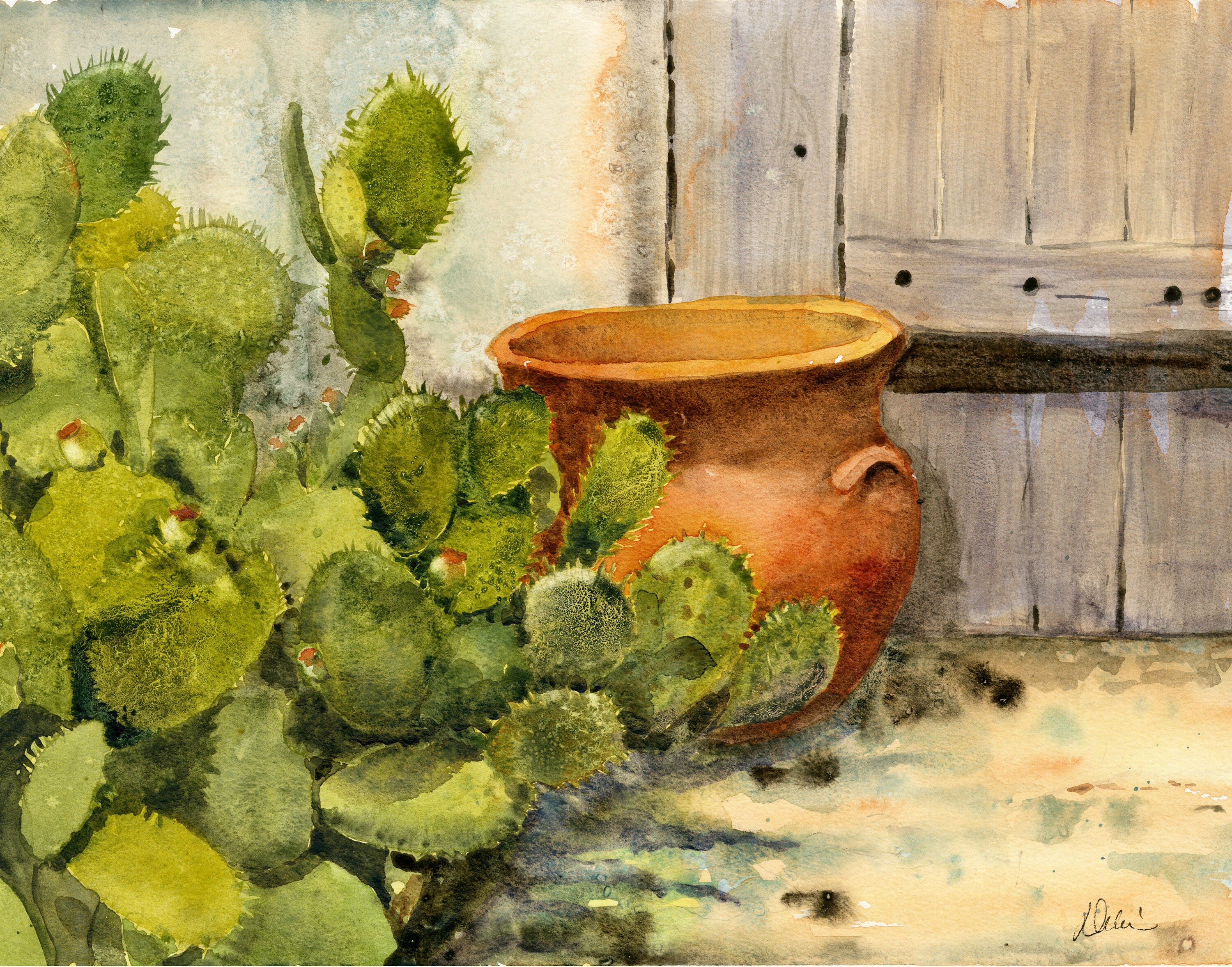 Santa Fe Adobe Cactus/ Watercolor Painting/ Prickly Pear Cactus/ New ...