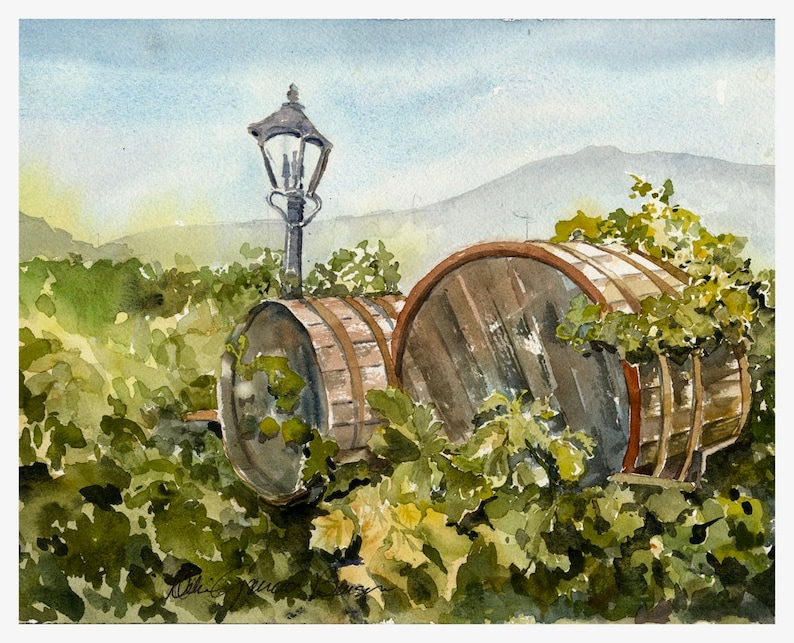 Wine Barrels Painting/ Grapevines Art/ Vineyard Watercolor/ Winery Painting/ Wine Wall Art ...
